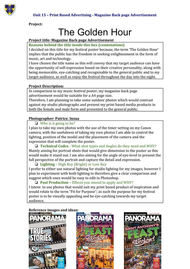 Unit 15: LO2 - Photoshoot plan - Magazine Back page | PDF