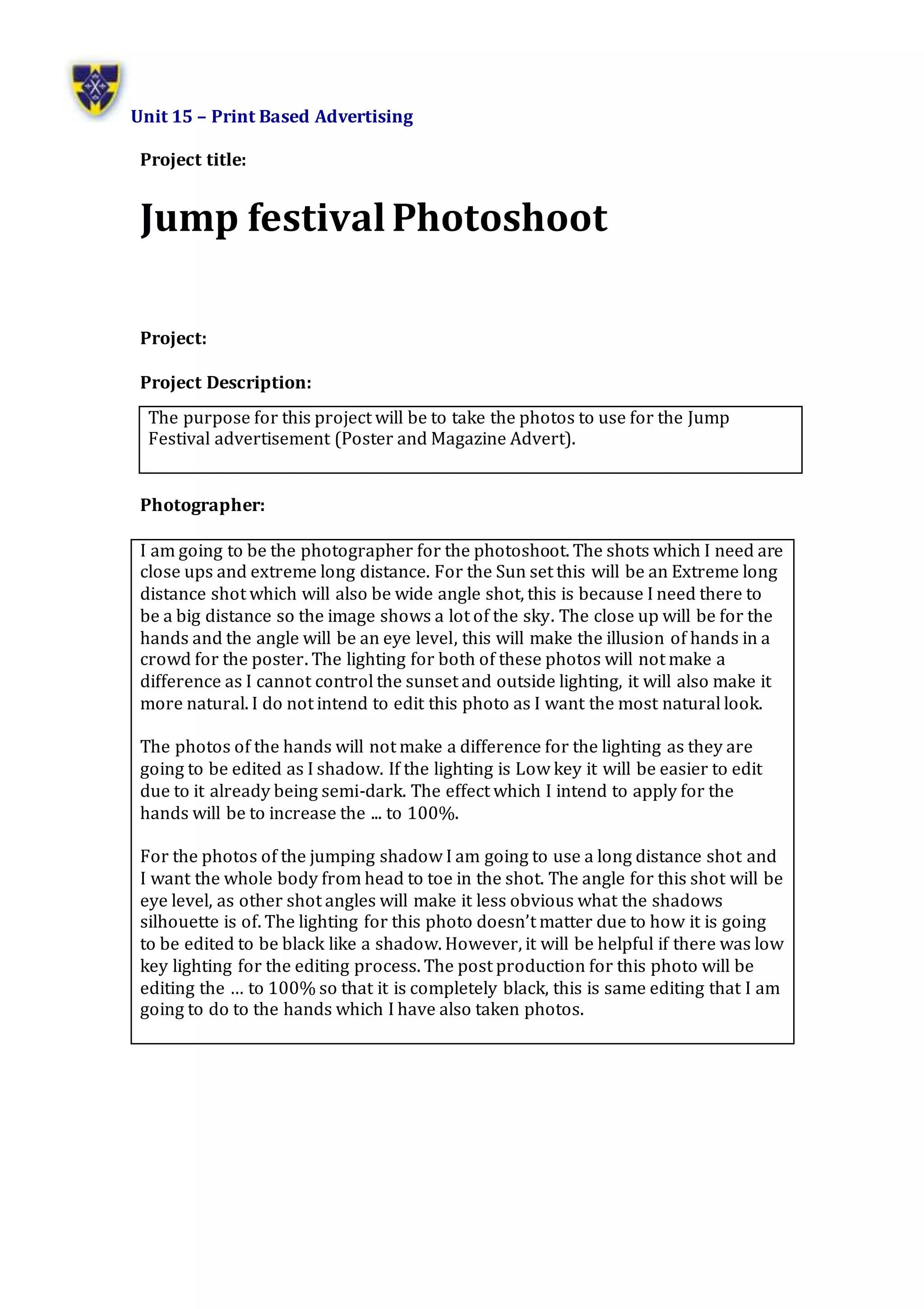Unit 15 - Photoshoot Plan | DOCX