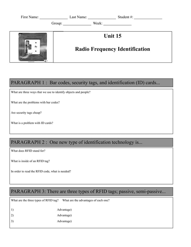 Unit 15 radio frequency identification worksheet | PDF