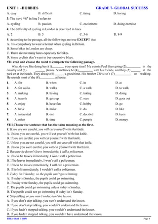 UNIT 1 (7) for midterm test revision, english 7 | DOC