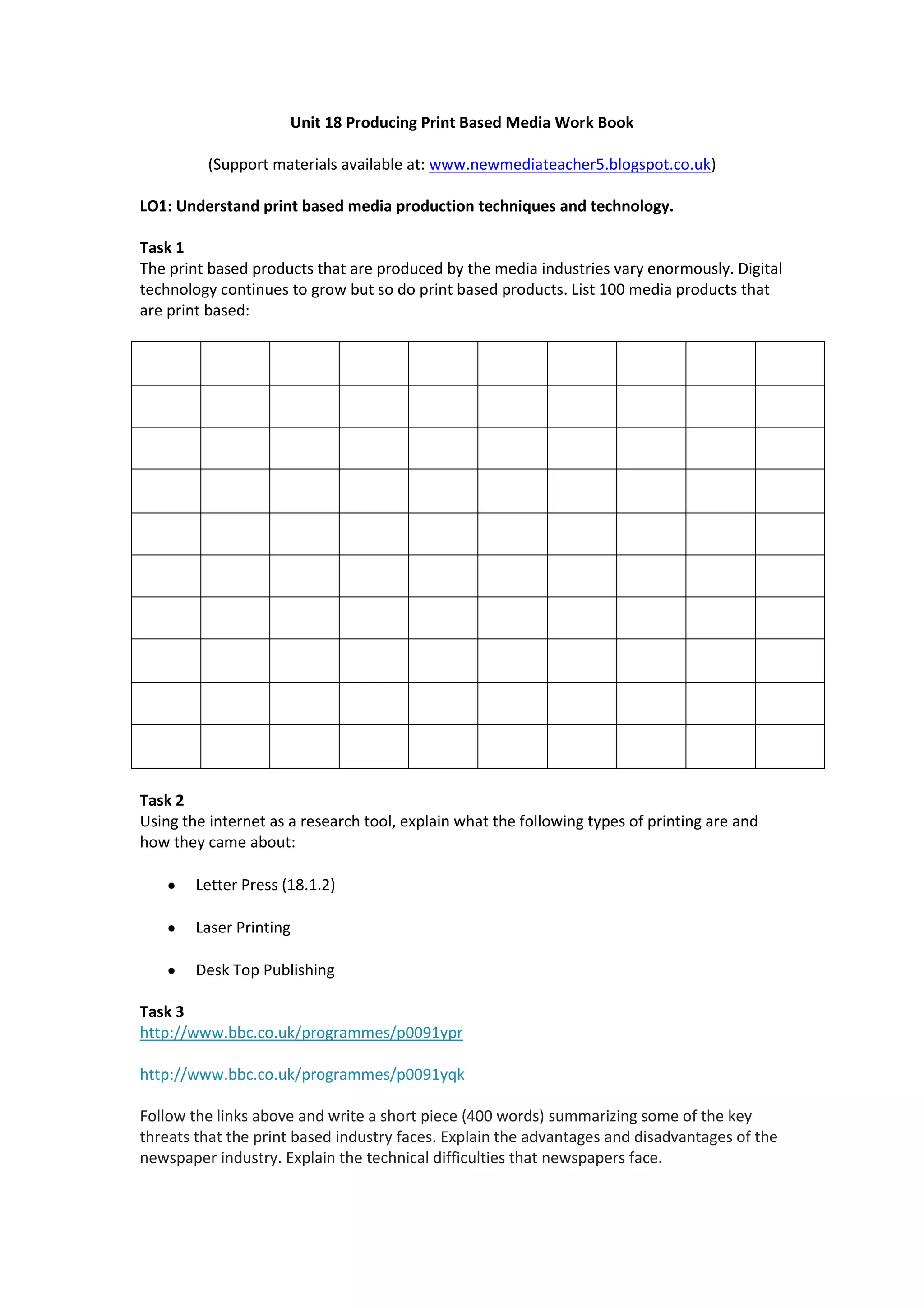 Unit 18 producing print based media work book | DOCX