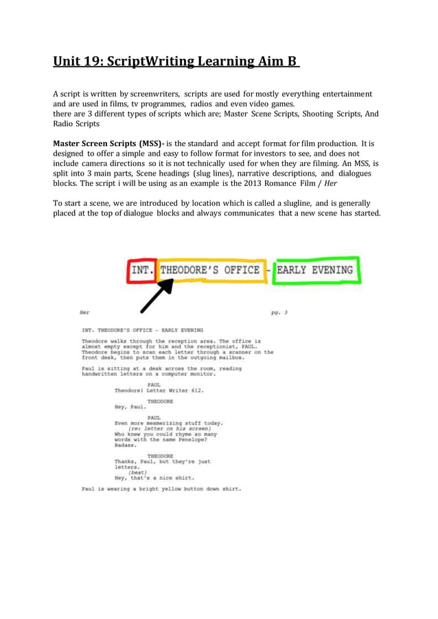 Unit 19 script writing lab | DOCX | Screenwriting | Content Production