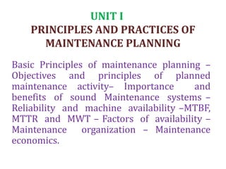 PRINCIPLES AND PRACTICES OF MAINTENANCE PLANNING | PPTX