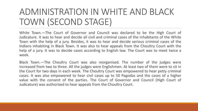 UNIT 1 Administration of Justice in the Presidency Towns at Madras, Bombay, Calcutta.pptx | Law