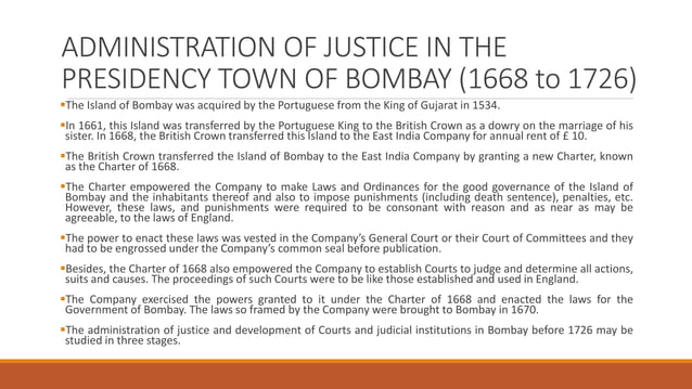 UNIT 1 Administration of Justice in the Presidency Towns at Madras, Bombay, Calcutta.pptx | Law