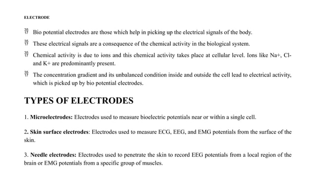 BIOMEDICAL INSTRUMENTATION UNIT I BIOPOTENTIAL ELECTRODES | PPTX