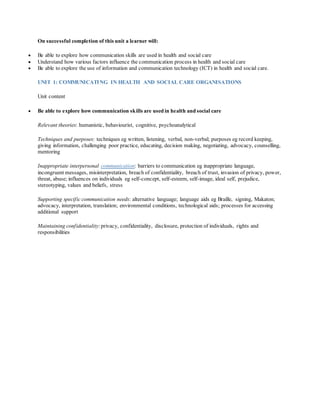 Unit 1 communication in health and social care | PDF