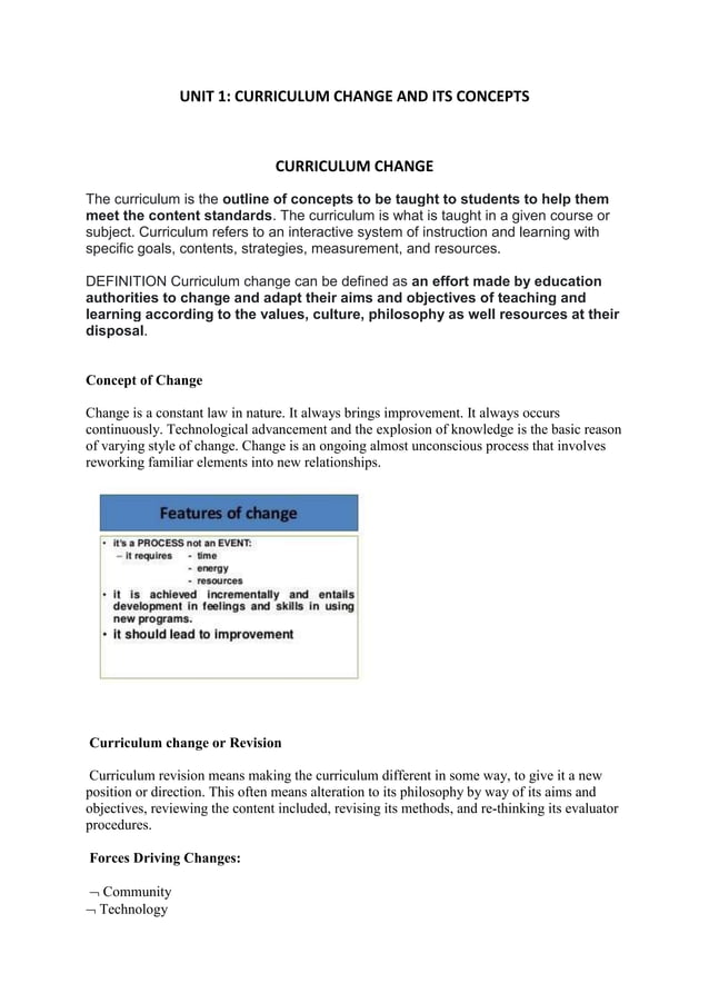 UNIT 1 CURRICULUM CHANGE AND ITS CONCEPTS.docx | Primary Education | Education