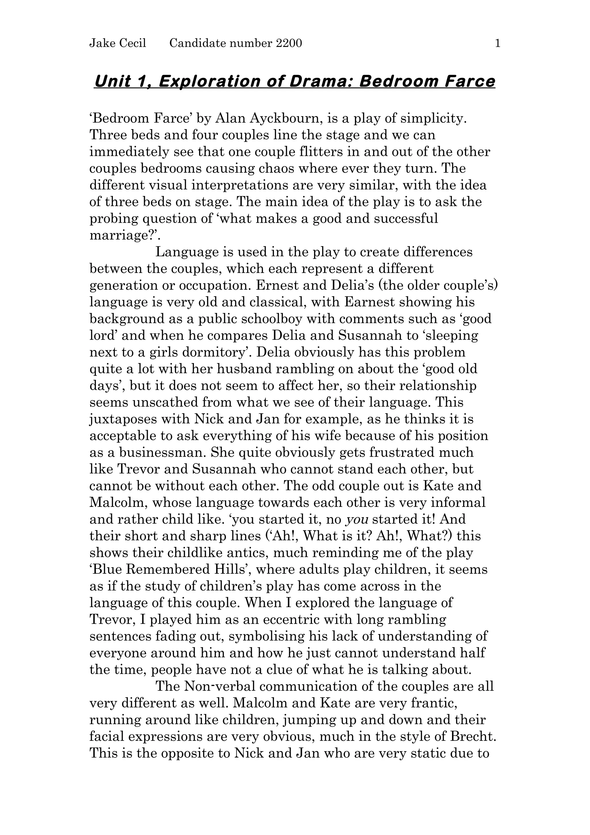 Unit 1 essay bedroom farce | DOC