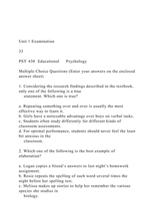 Unit 1 Examination33PSY430EducationalPsychology.docx | Educational ...