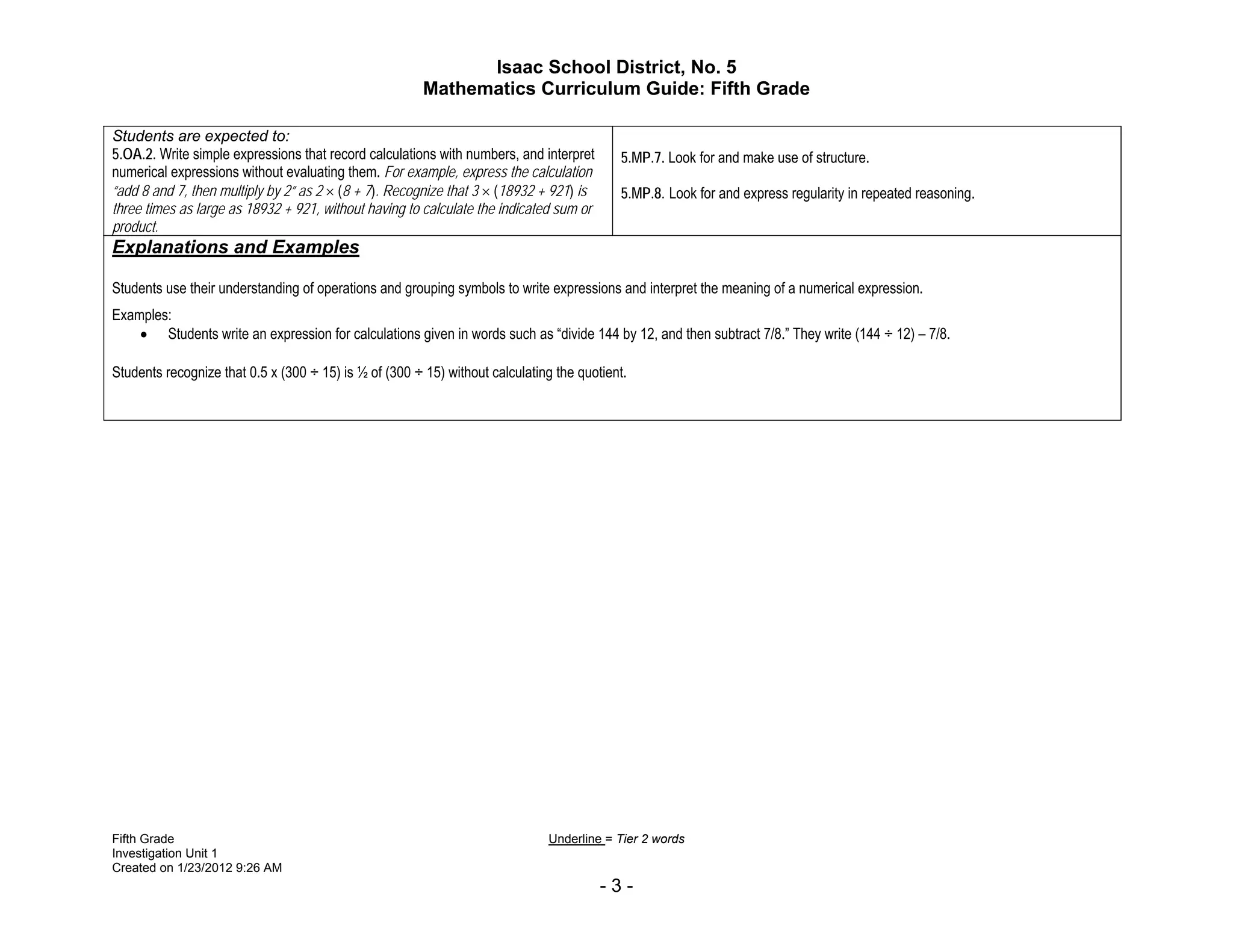 Unit 1 Fifth Grade cs 2012 2013 | PDF