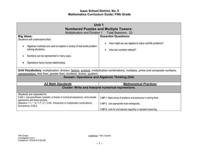 Unit 1 Fifth Grade cs 2012 2013 | PDF