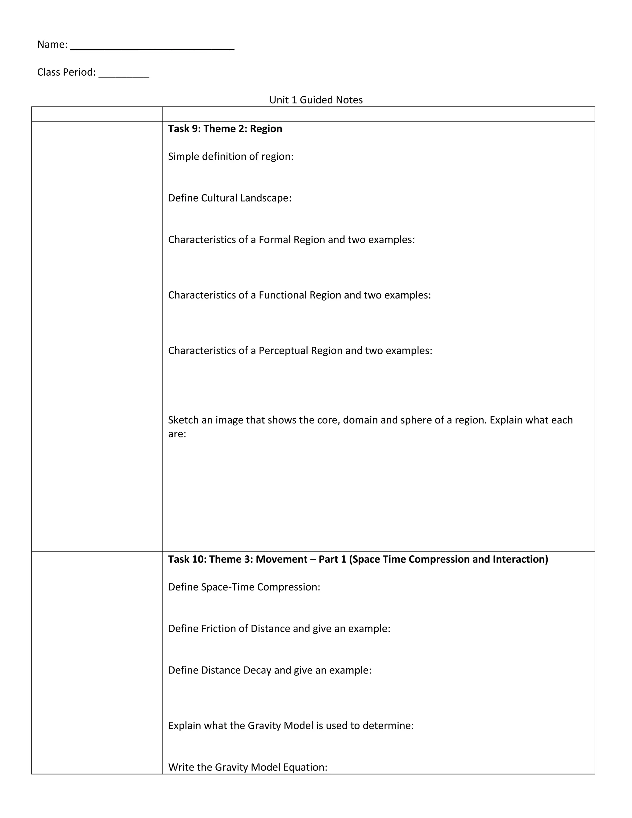 AP Human Geography: Unit 1 - Introduction to Geography: Guided Notes | DOCX