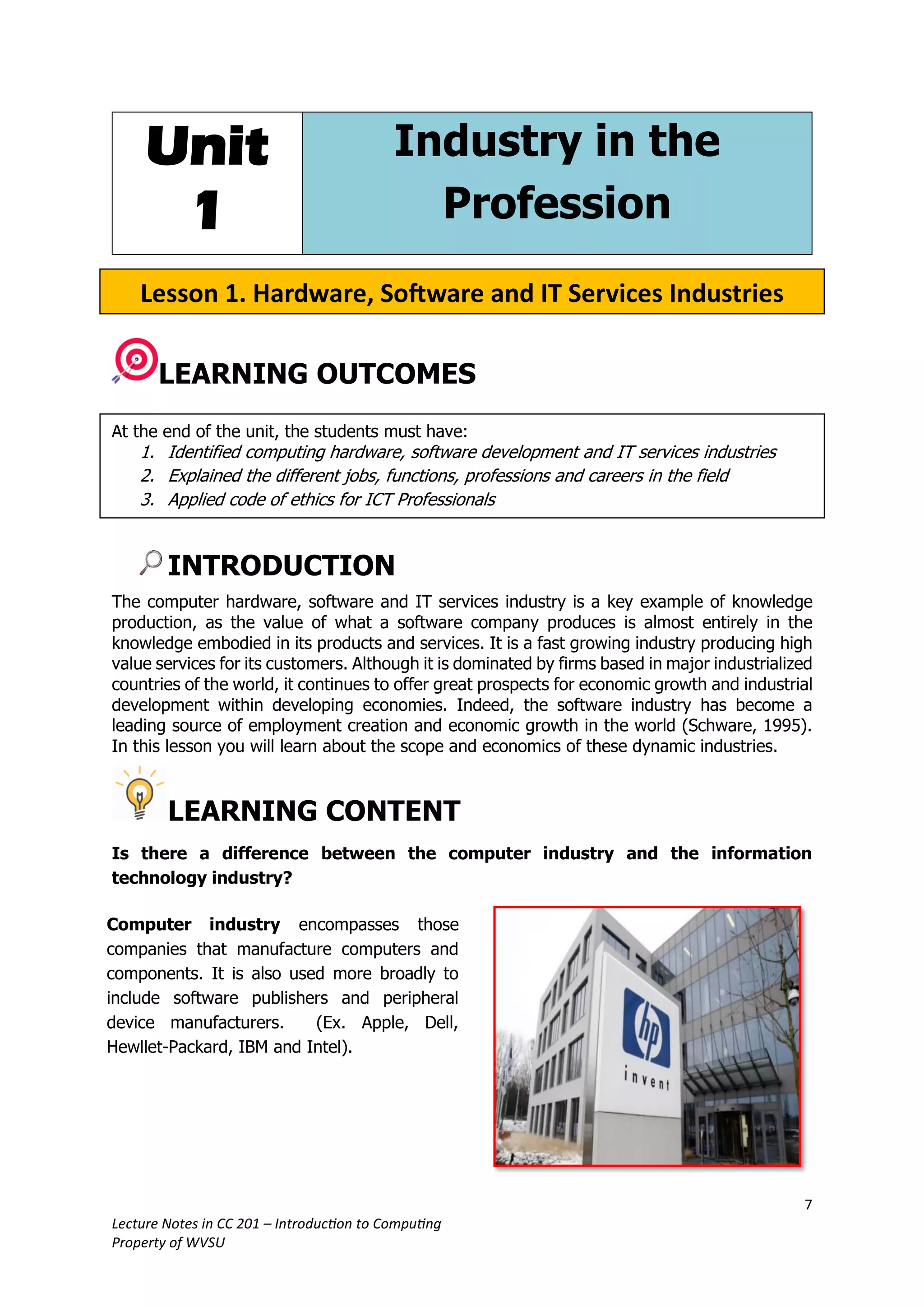 Unit 1 industry in the profession | PDF