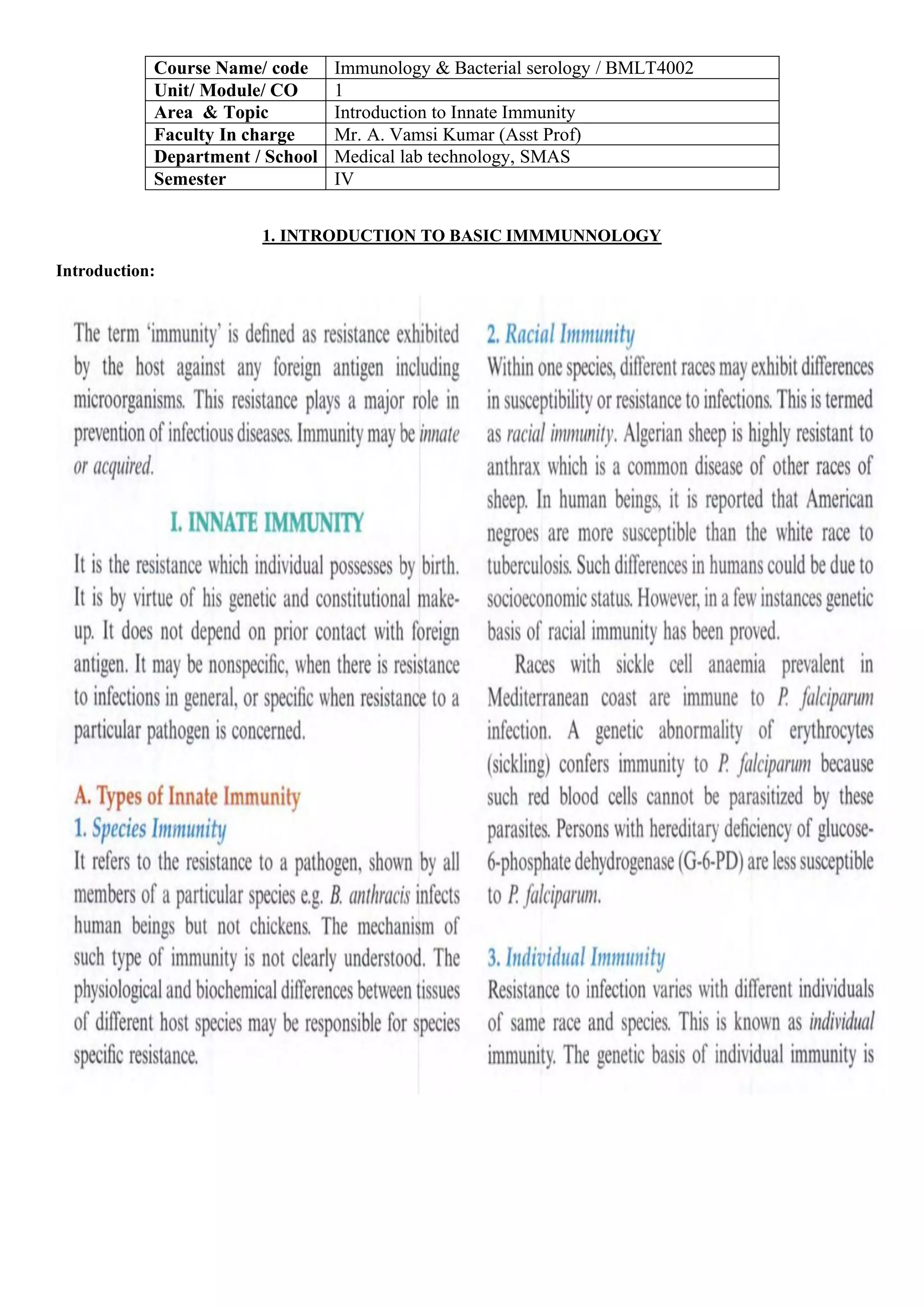 Innate immunity notes for MLT students | PDF