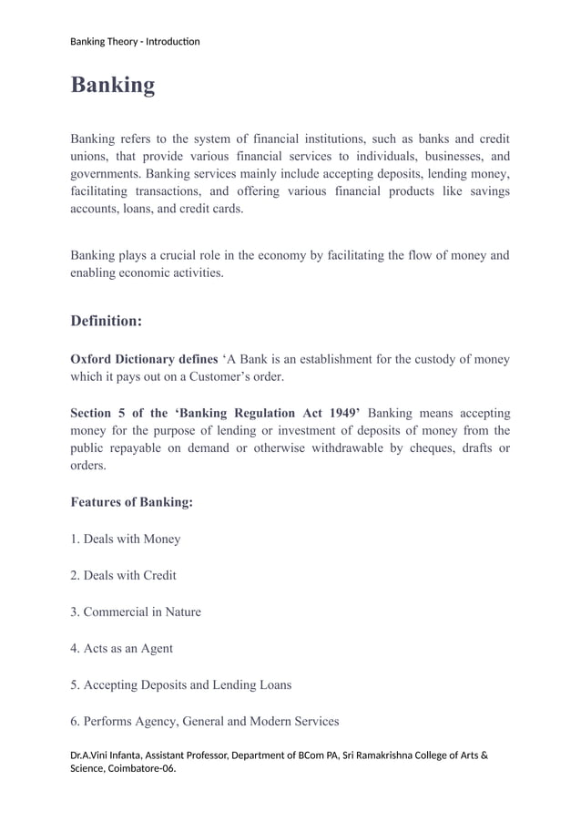 BANKING THEORY AND INTRODUCTION DOCUMENT. | PDF