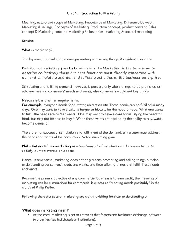 Unit 1 introduction to marketing - Class 11 - CBSE - 2016/17 | PDF ...