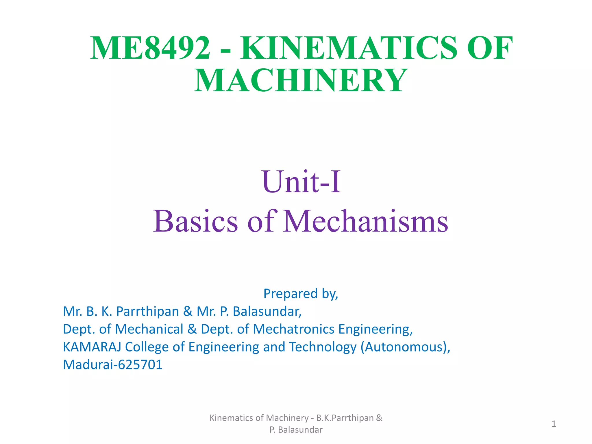 Unit 1 - Basics of Mechanisms | PPTX