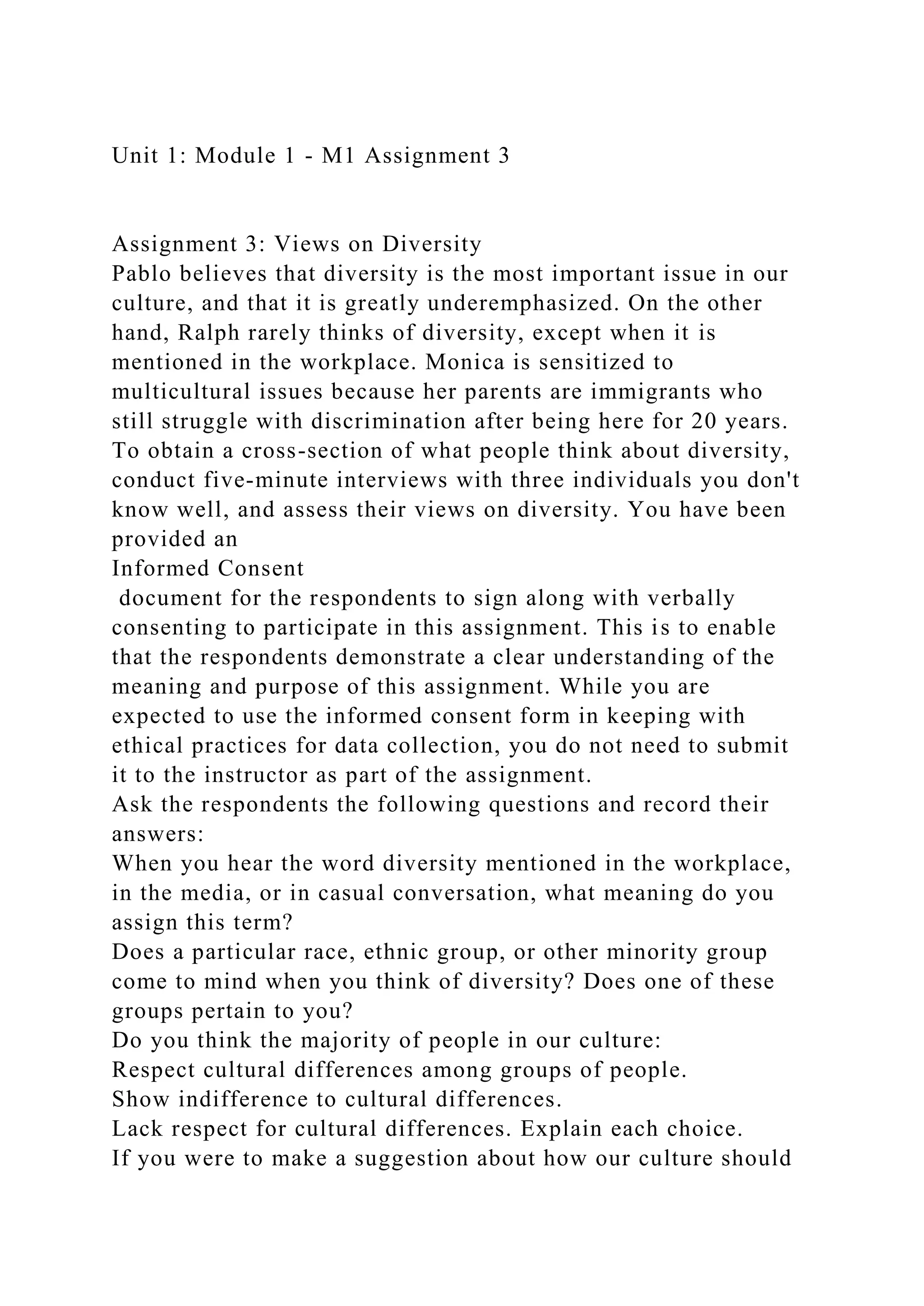 Unit 1 Module 1 - M1 Assignment 3Assignment 3 Views on Diver.docx