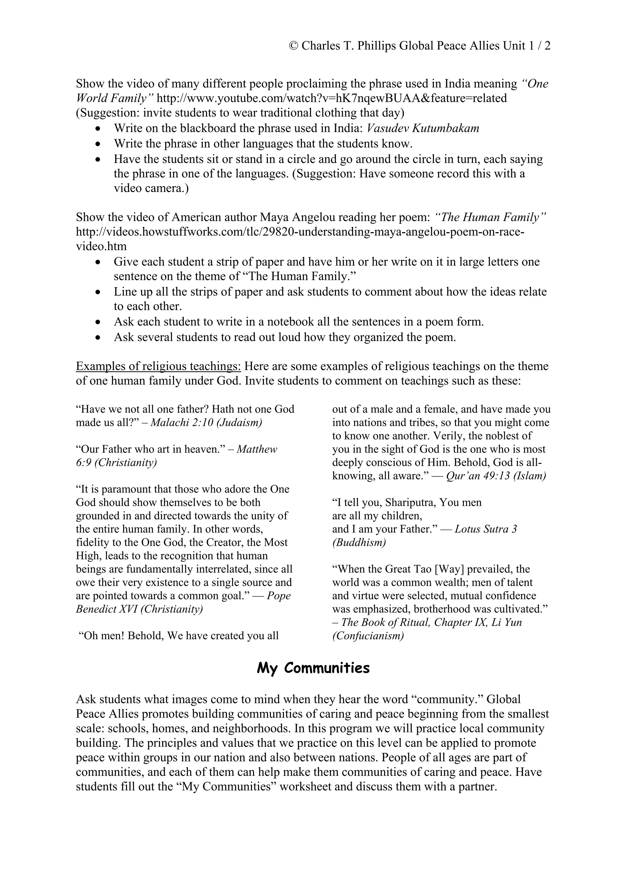 Unit 1 My Role In My Community And World | PDF