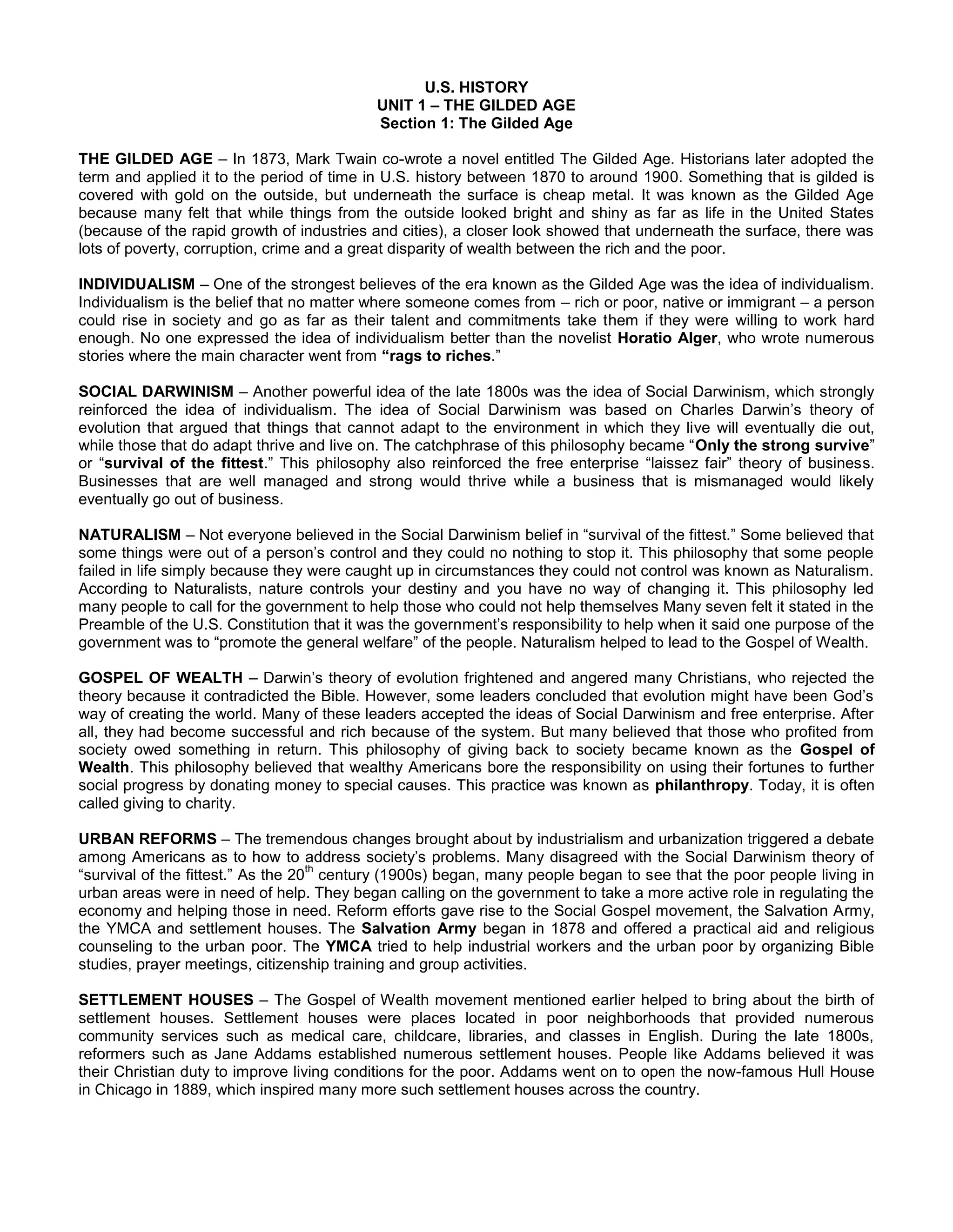 Unit 1 notes (the gilded age) | PDF