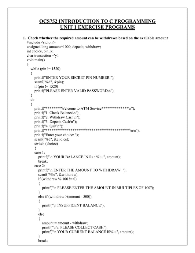 Unit 1 ocs752 introduction to c programming | PDF