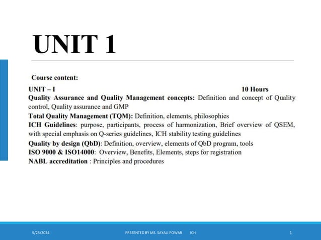 UNIT 1_QUALITY ASSURANCE_QC,QA,GMP,TQM and NABL | PPTX