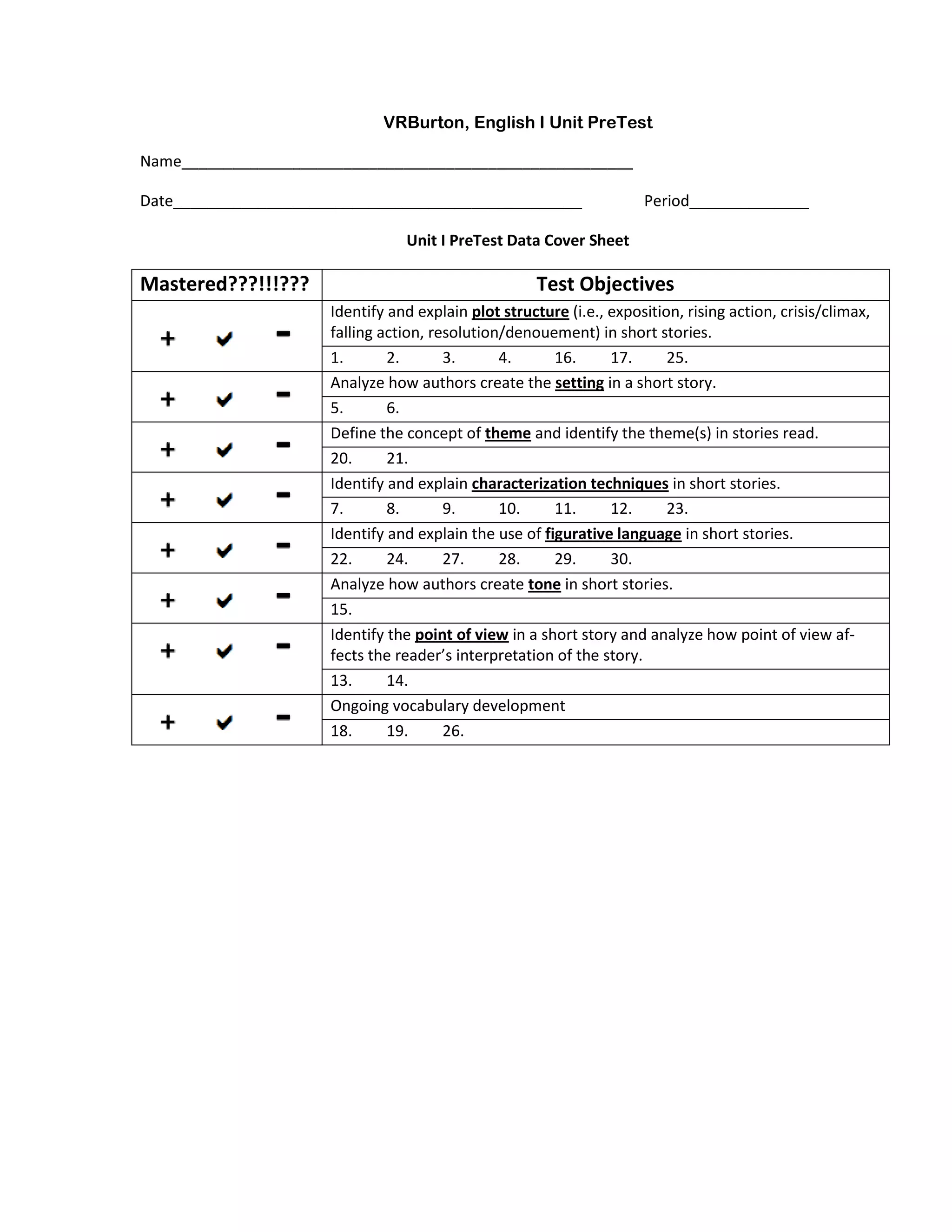 Unit 1 Short Story PreTest | PDF