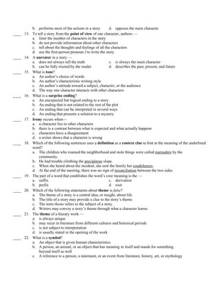 Unit 1 Short Story PreTest | PDF