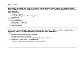 Unit 1 research methods worksheet y11 | DOC
