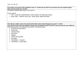 Unit 1 research methods worksheet y11 | DOC