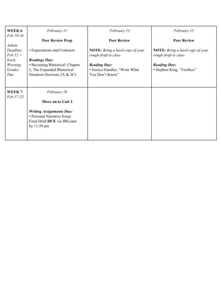 Unit One Schedule – English 102 – Shearer (1/5) | PDF
