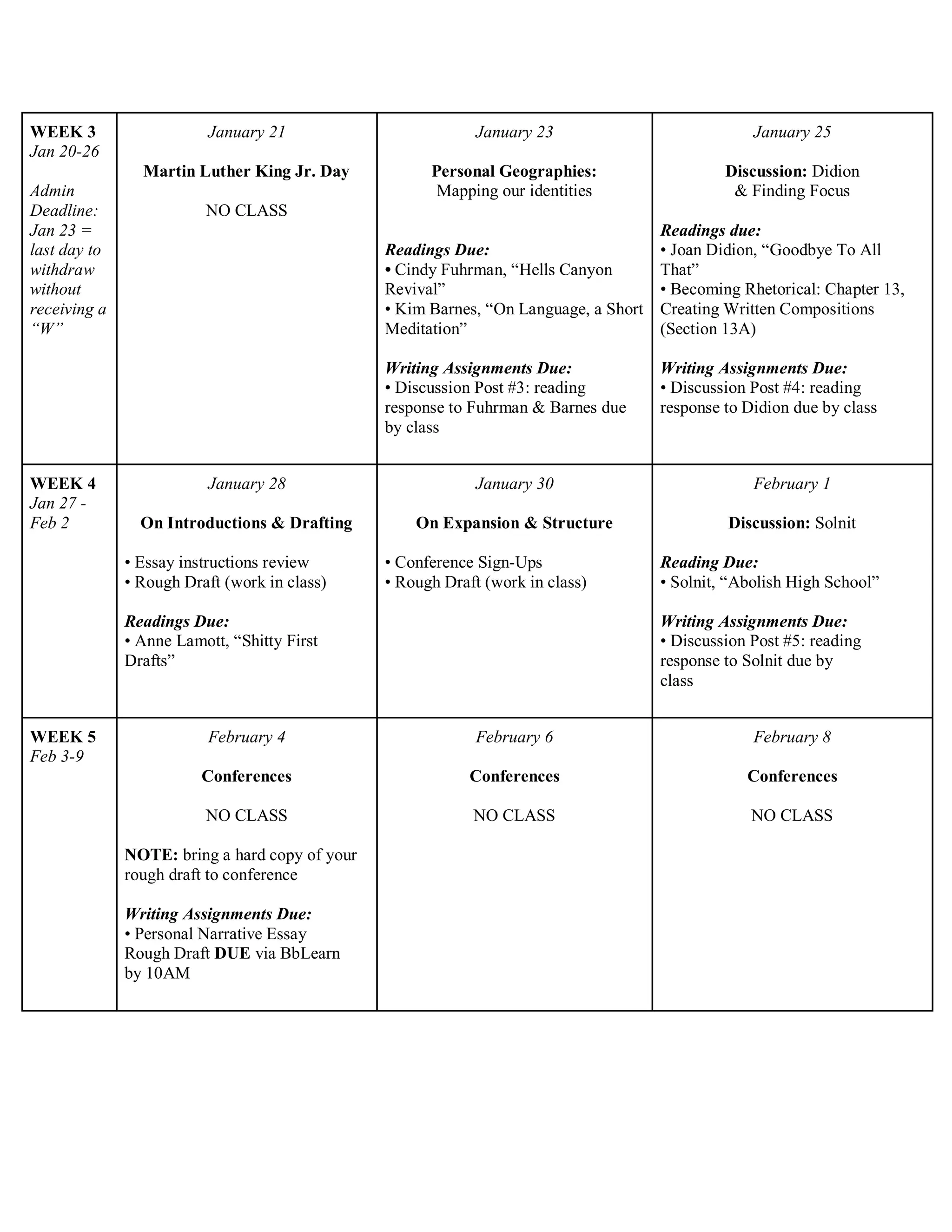 Unit 1 Schedule / English 102 / Shearer | PDF