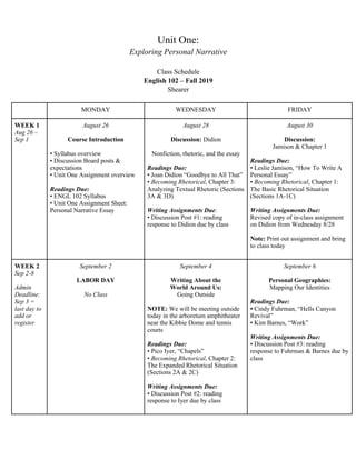 Unit 1 schedule / english 102 / shearer / fall 2019 / 9.11.19