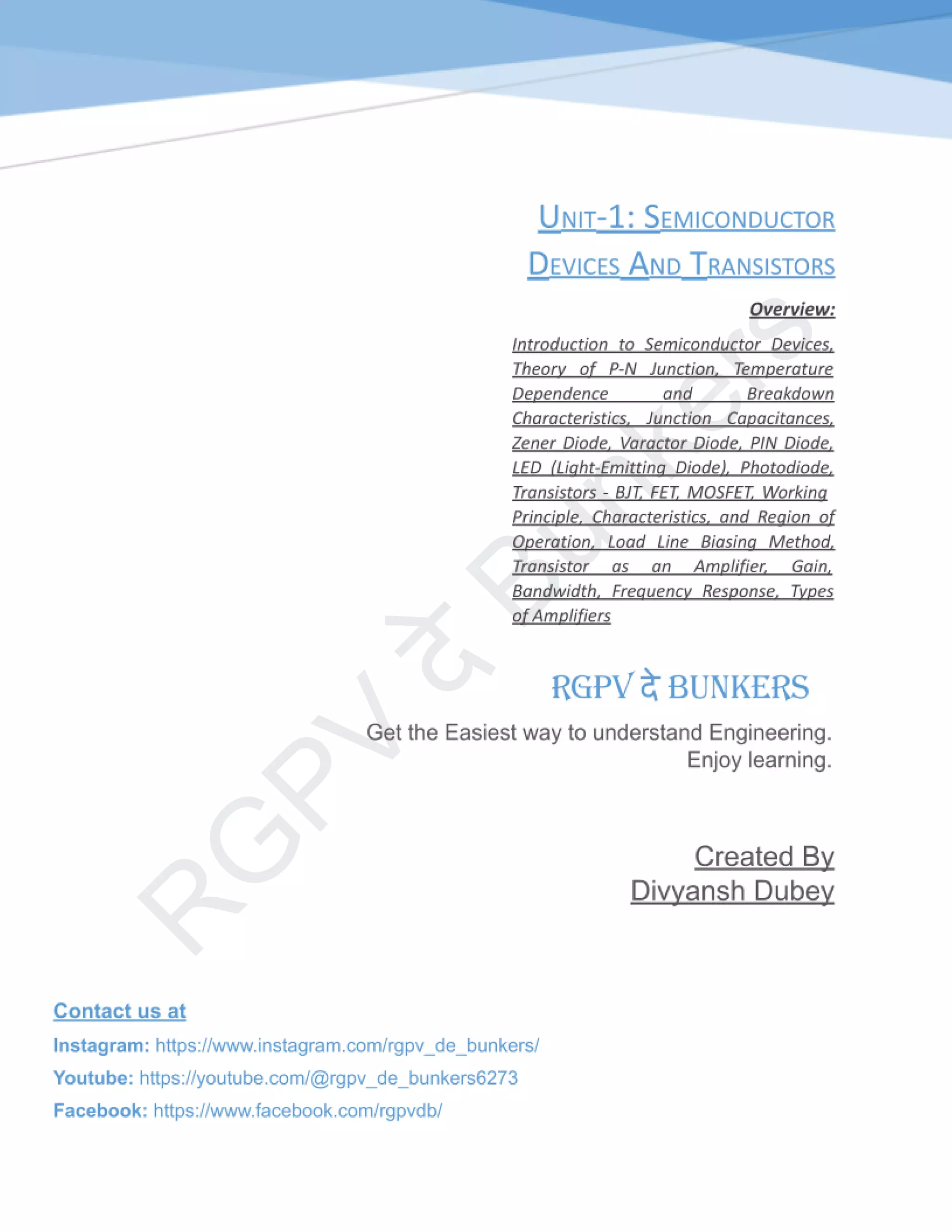 EDC Unit — 1 Semiconductor Devices & Transistors | RGPV De Bunkers | PDF