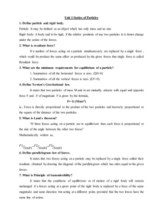 Unit 1 statics of particles | DOCX