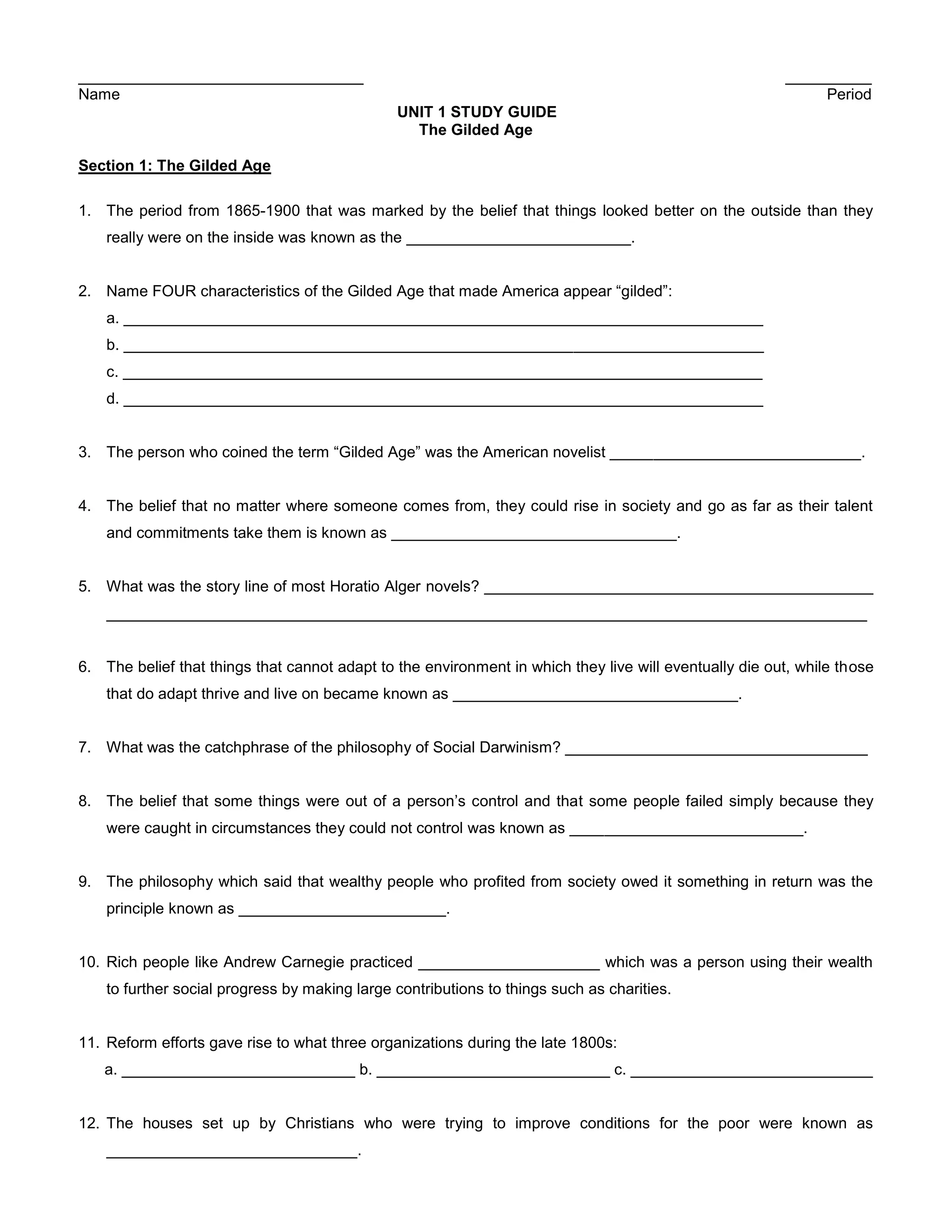 Unit 1 study guide (the gilded age) | PDF