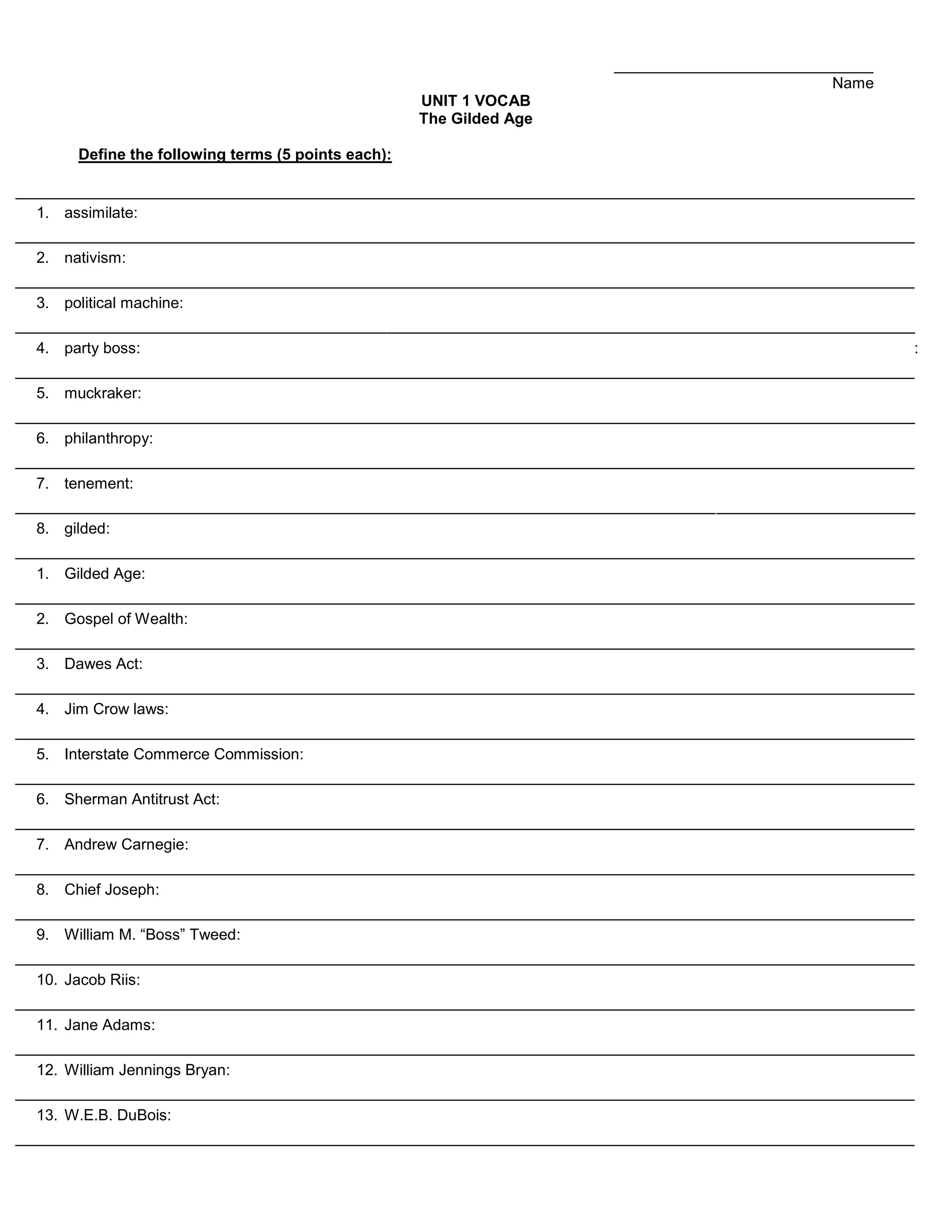 Unit 1 vocab (the gilded age) | PDF