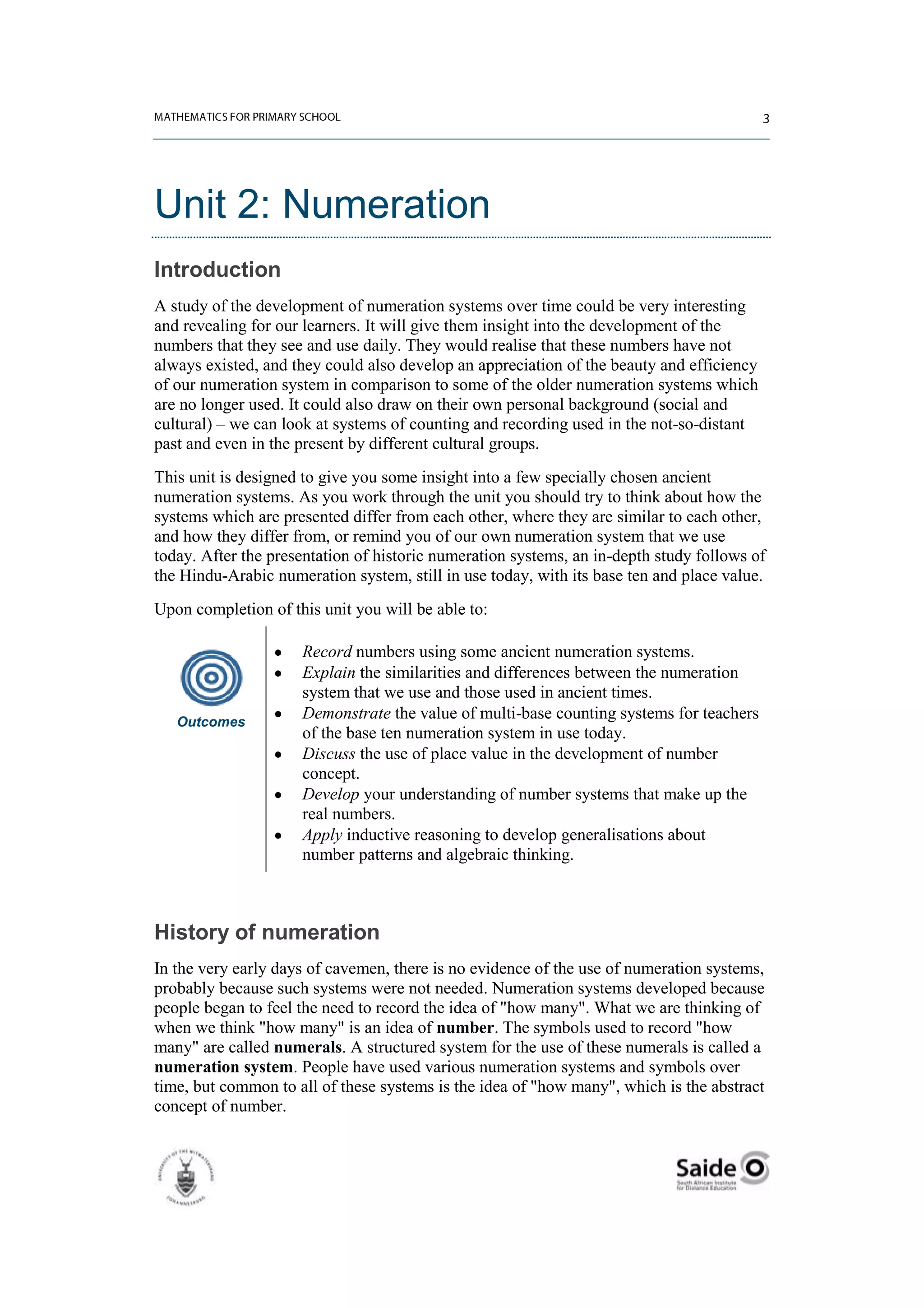 Mathematics for Primary School Teachers. Unit 2: Numeration | DOCX
