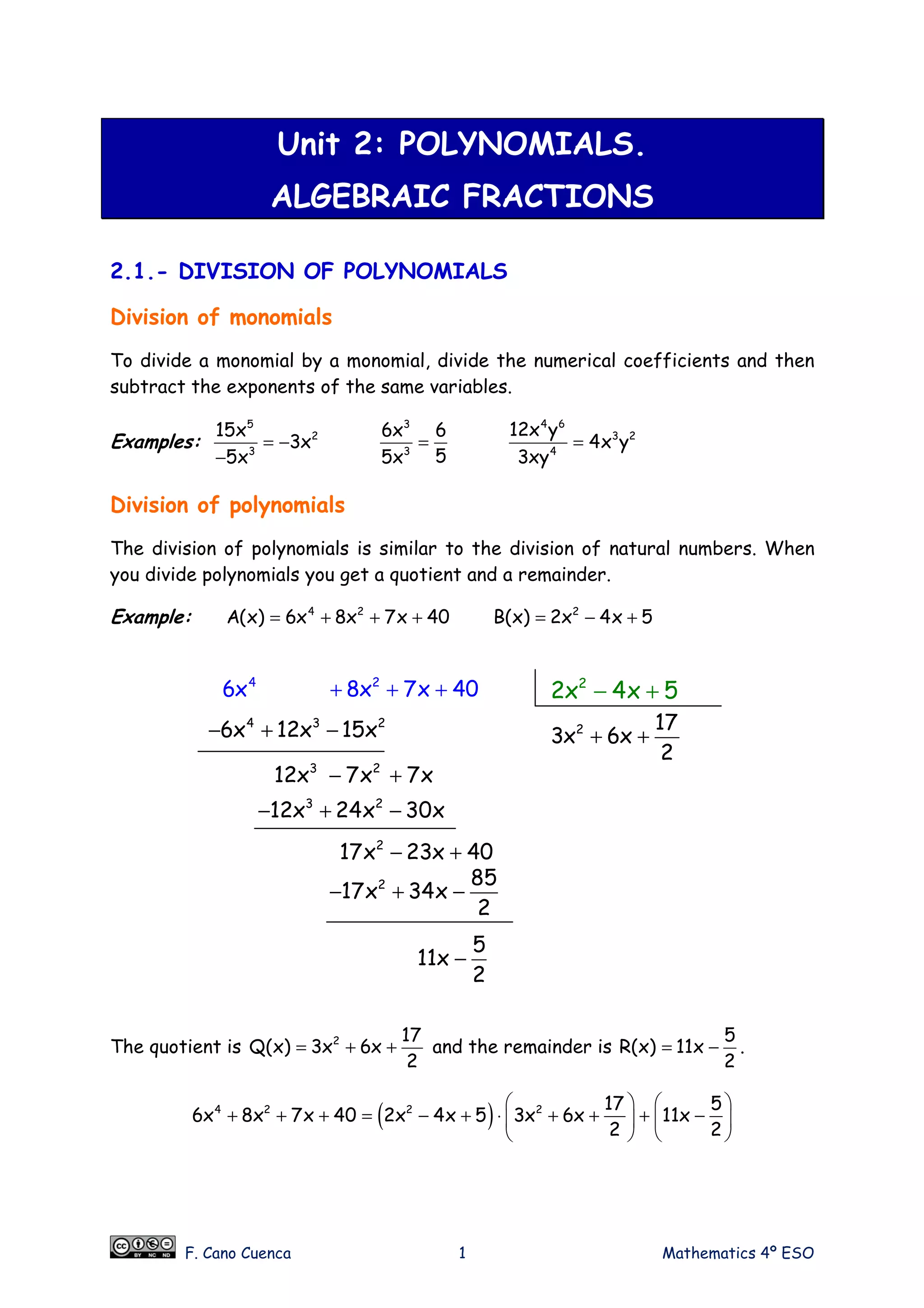 Unit2.polynomials.algebraicfractions | PDF | Physics | Science