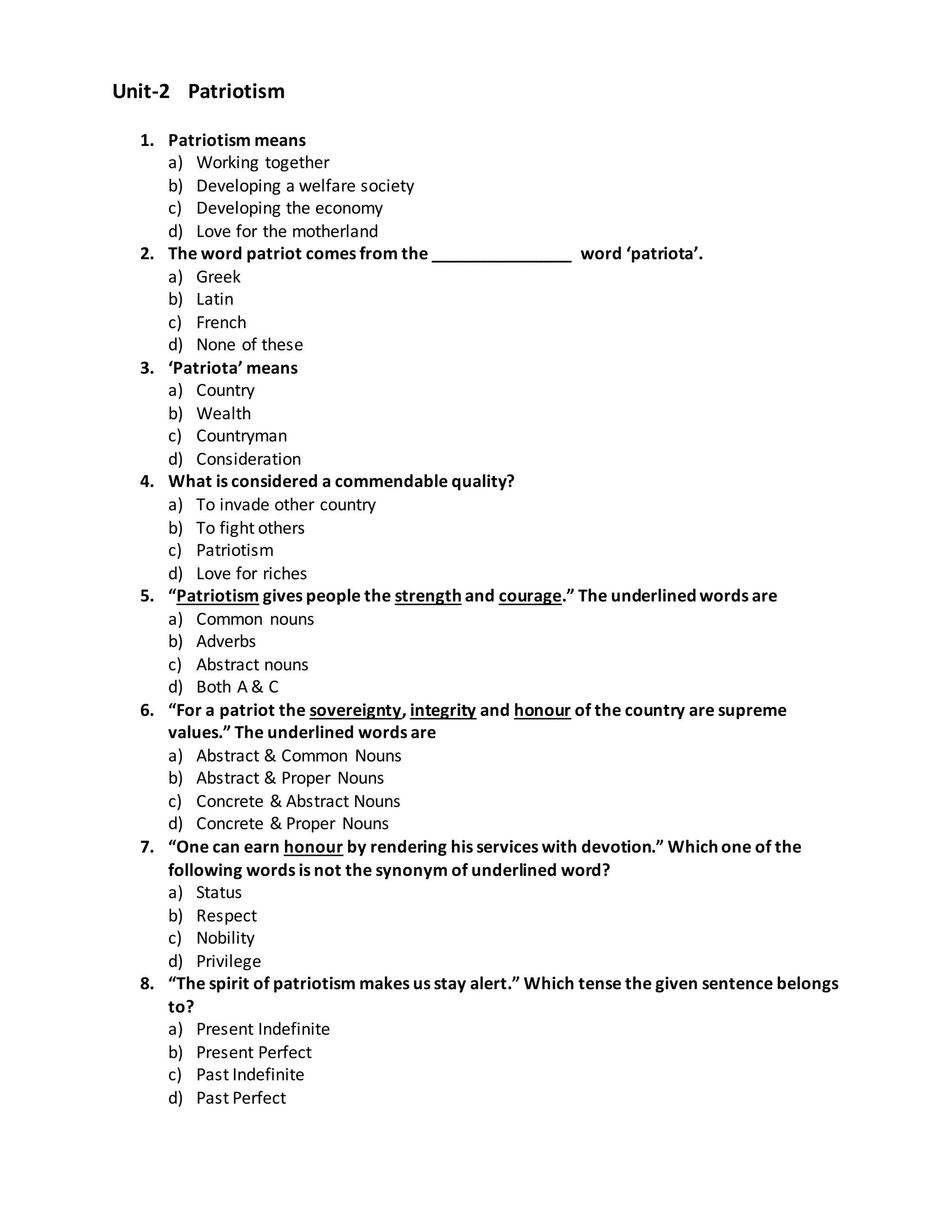 Unit 2.patriotism mcqs By Musarrat Khan | PDF