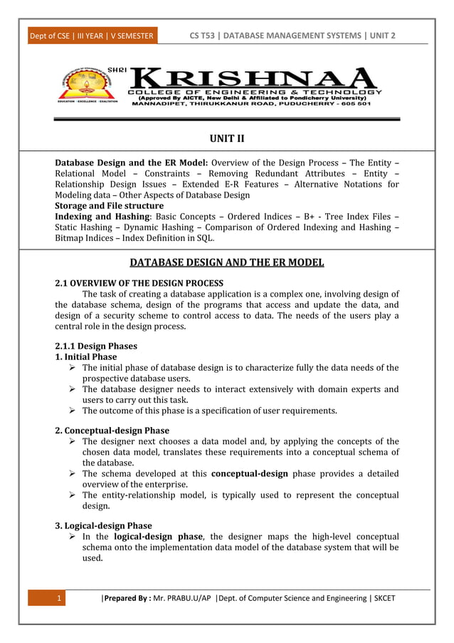 Database Design and the ER Model, Indexing and Hashing | PDF