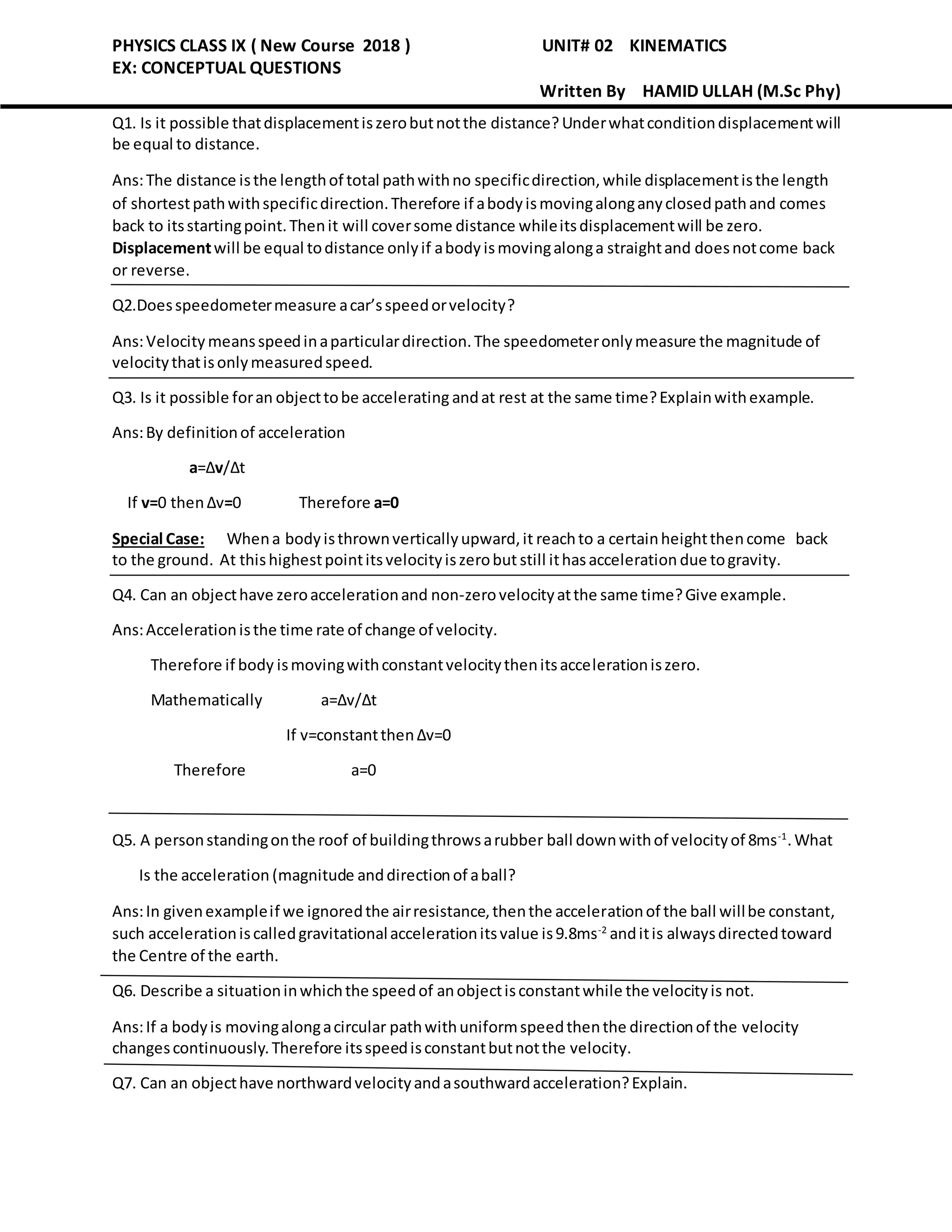 Unit 2.conceptual questions | DOCX | Physics | Science