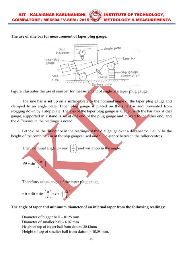UNIT II LINEAR AND ANGULAR MEASUREMENT 9 | PDF