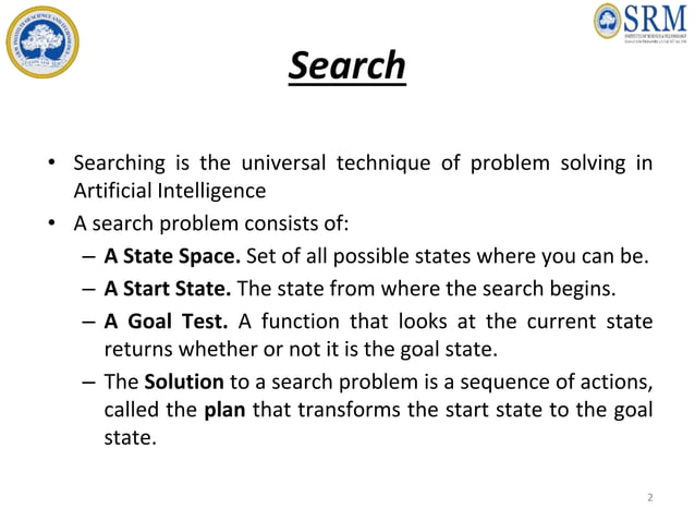 Searching is the universal technique of problem solving in Artificial ...