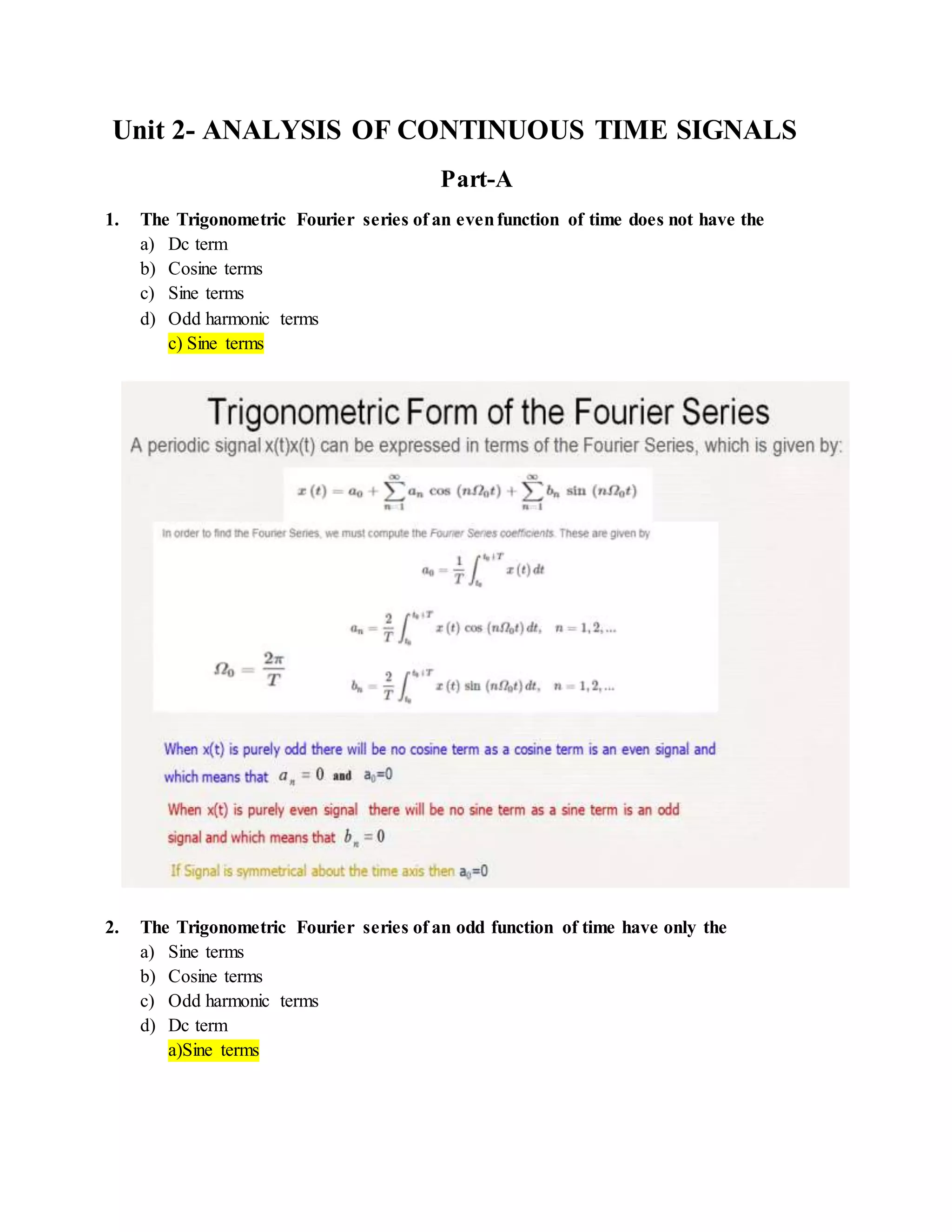 Unit 2 analysis of continuous time signals-mcq questions | DOCX