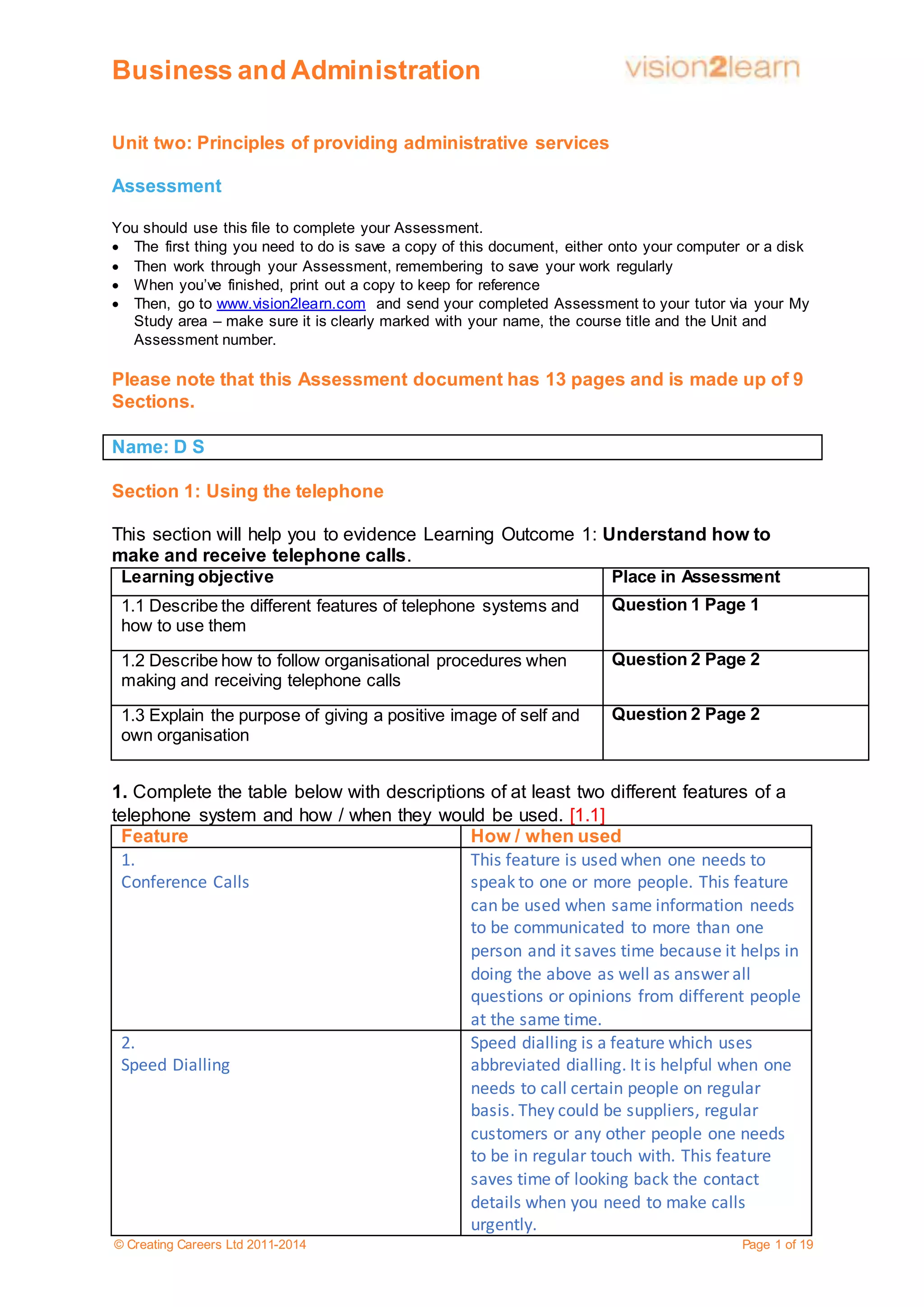 Business and Admin Level 2 Unit 2 assessment answers | DOCX