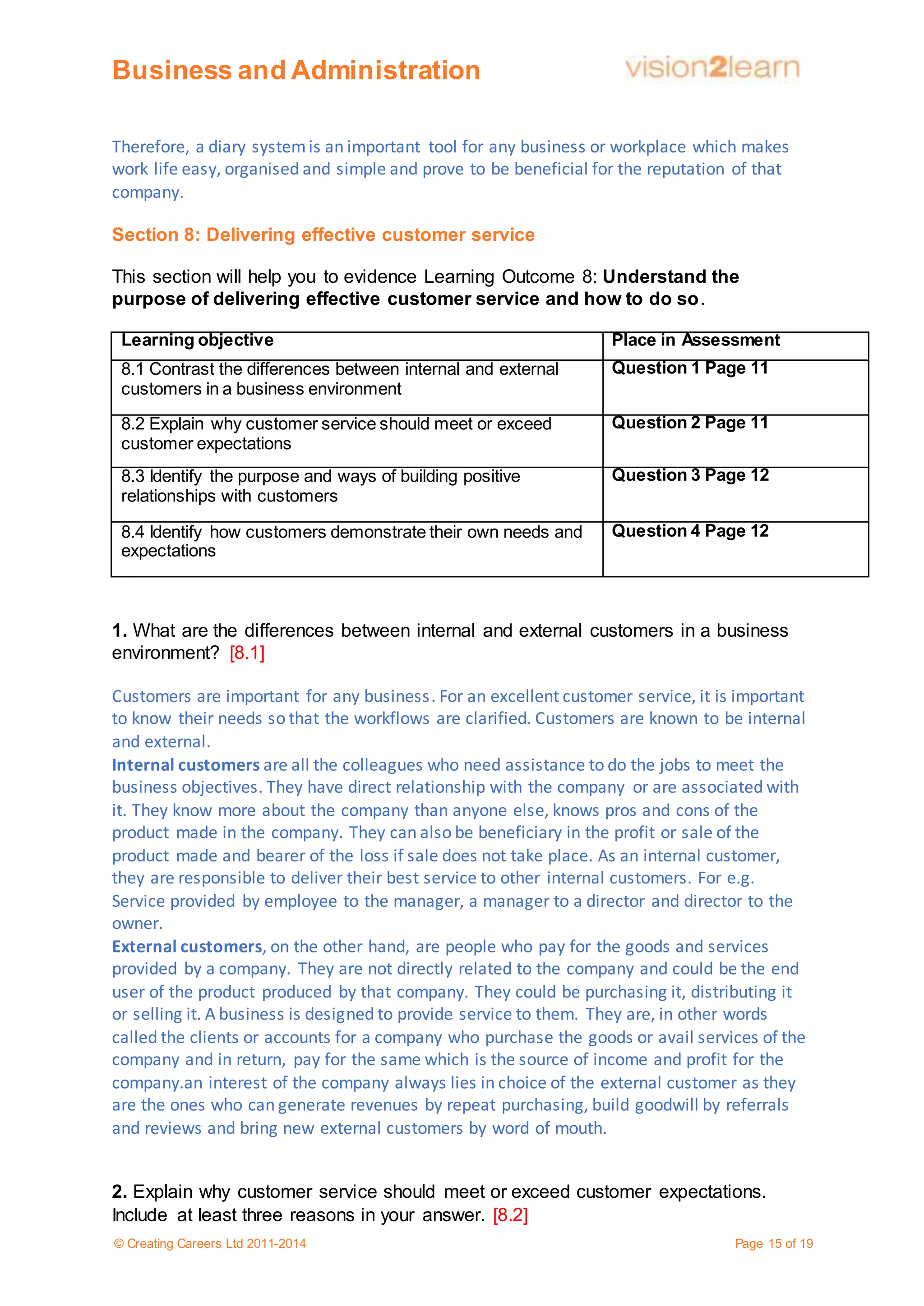 Business and Admin Level 2 Unit 2 assessment answers | DOCX