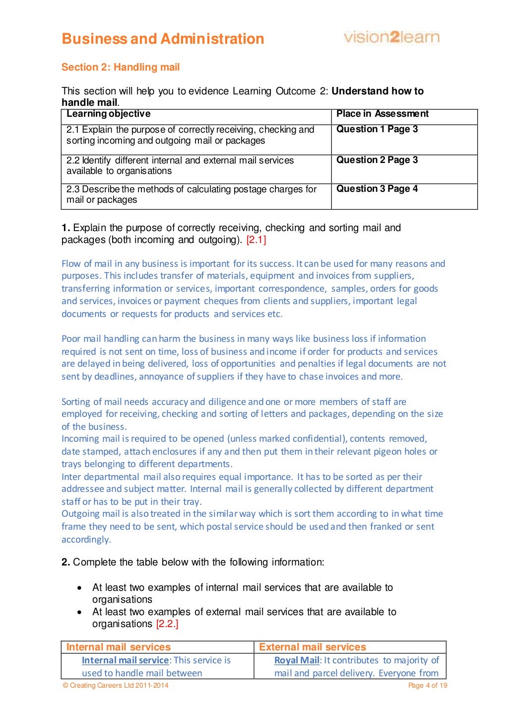 Business and Admin Level 2 Unit 2 assessment answers