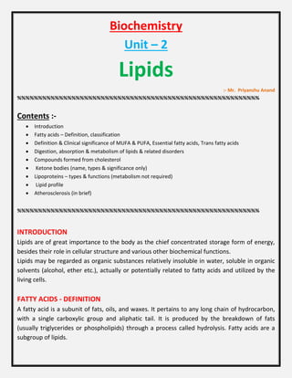 Lipids - Unit 2 - Biochemistry - Full Notes.pdf